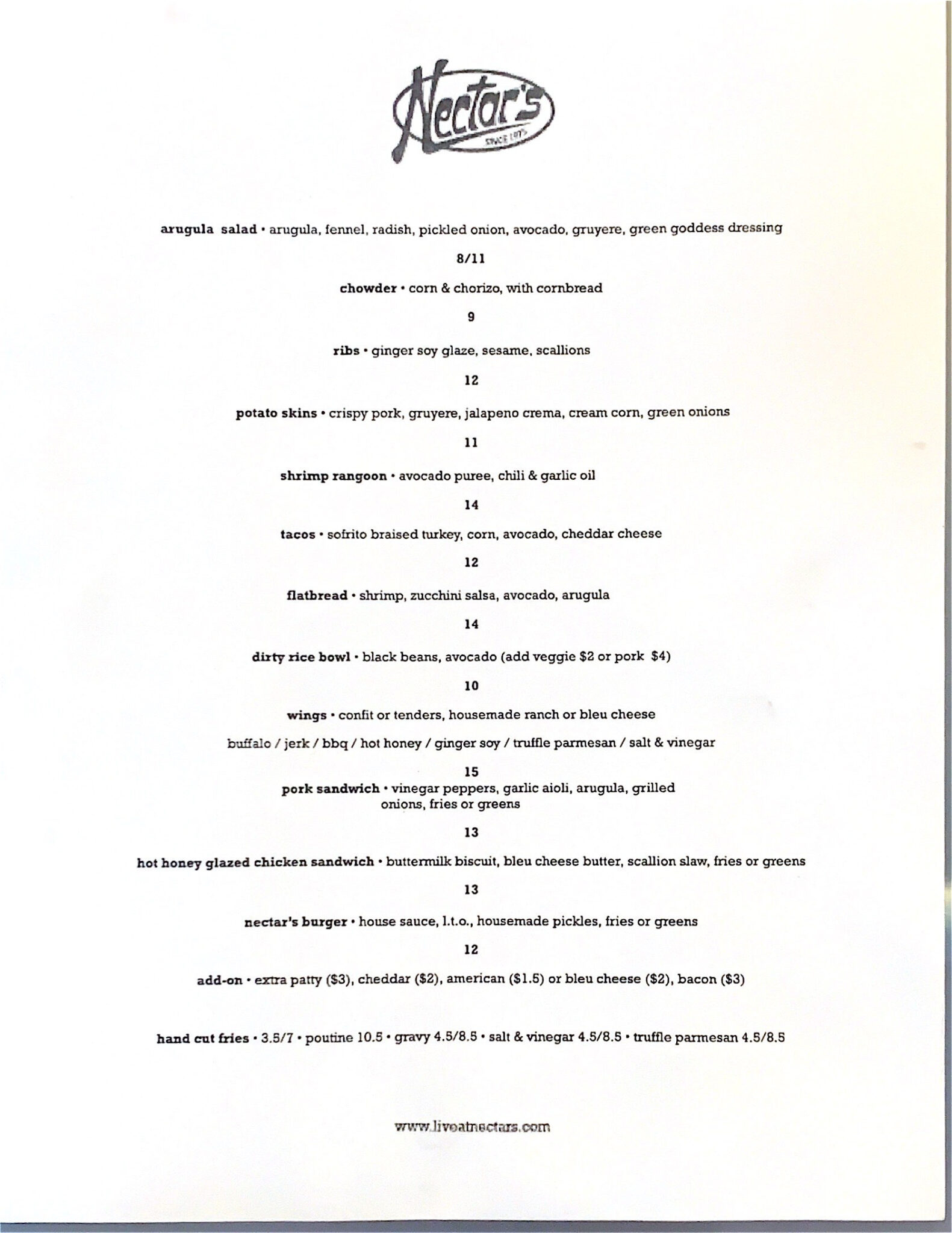 Food and beverage options at Nectars Restaurant, Bar, and Music Venue