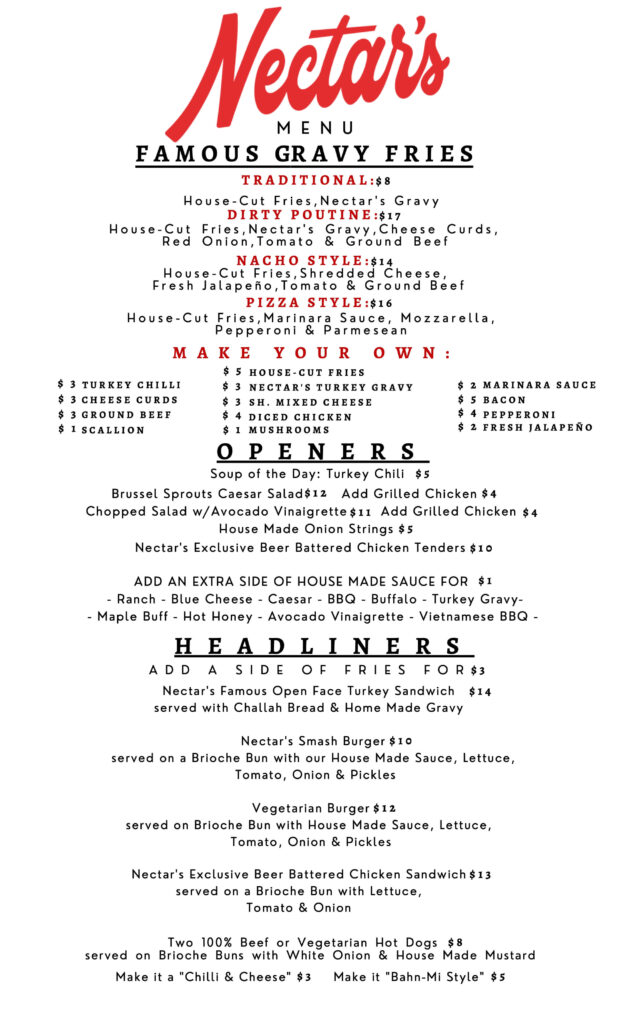 Food and beverage options at Nectars Restaurant, Bar, and Music Venue