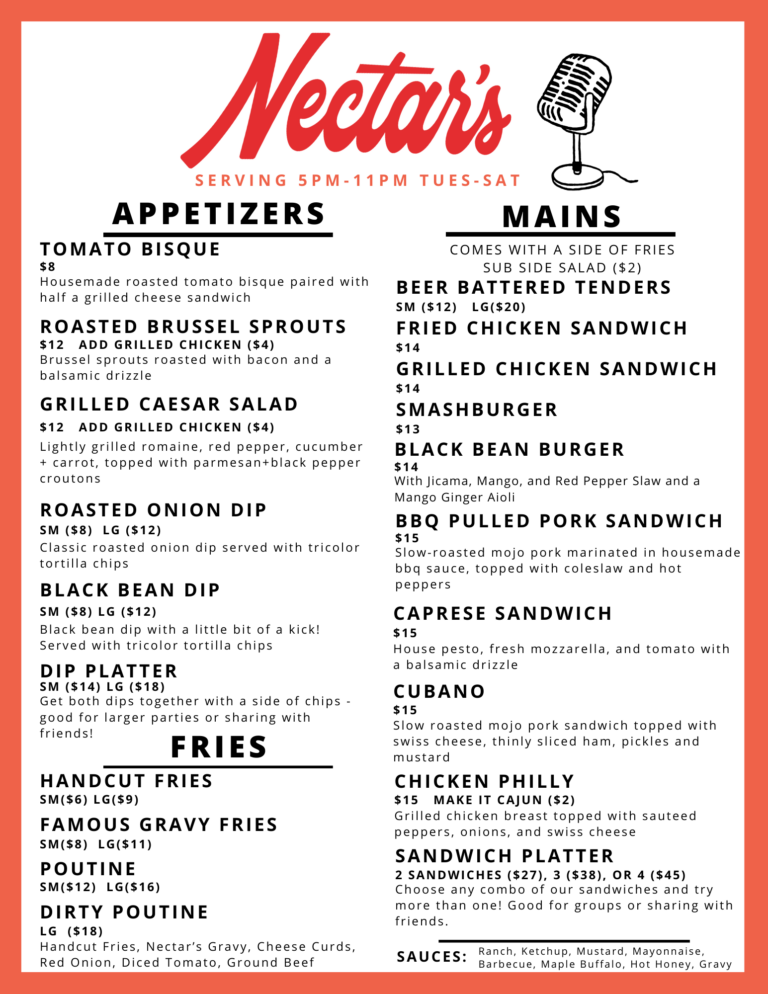 Food and beverage options at Nectars Restaurant, Bar, and Music Venue